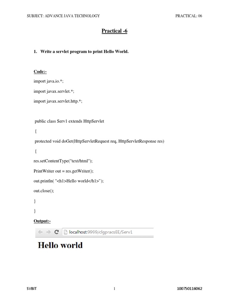 Practical - 6: 1. Write A Servlet Program To Print Hello World | PDF | Java Servlet | Java ...
