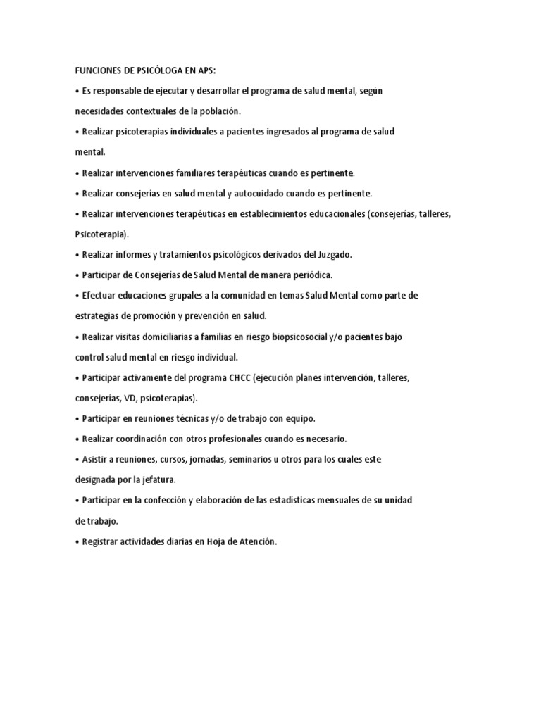 Funciones de Psicóloga en Aps | PDF | Salud mental | Educación primaria