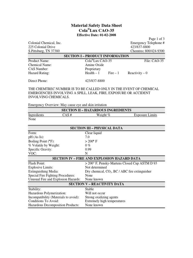 MSDS Colalux Cao-35 | PDF | Volatile Organic Compound | Fires