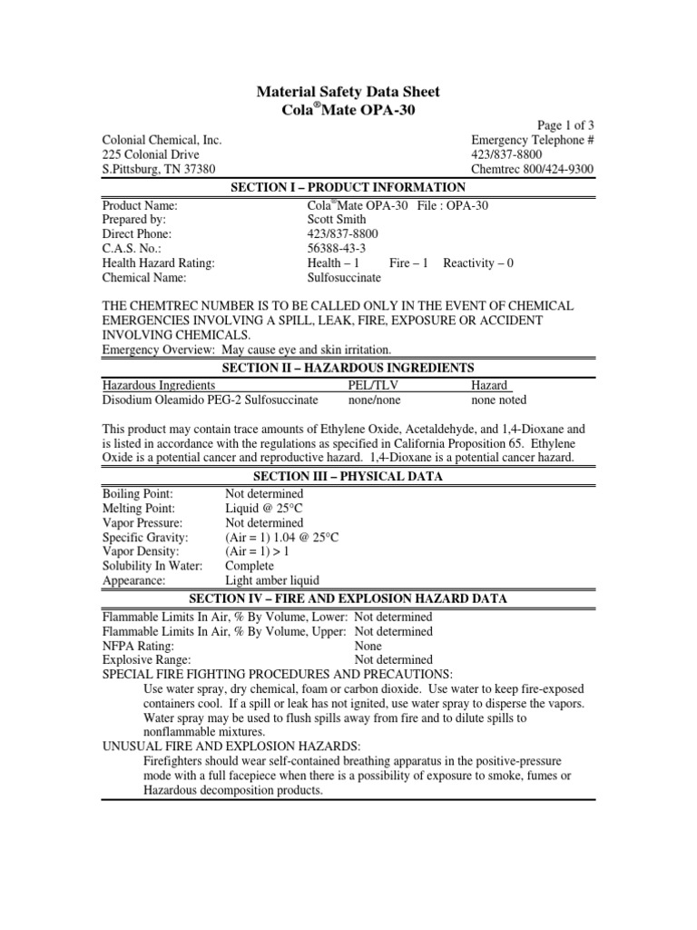 MSDS Colamate Opa-30 | PDF | Personal Protective Equipment | Water