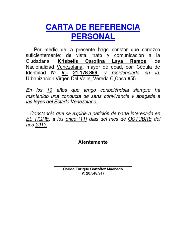 Modelo de Carta de Referencia Personal | PDF
