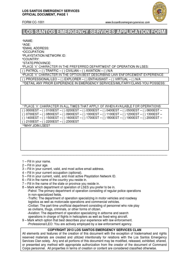 Los Santos Emergency Services Application Form | PDF | Copyright | Government Information