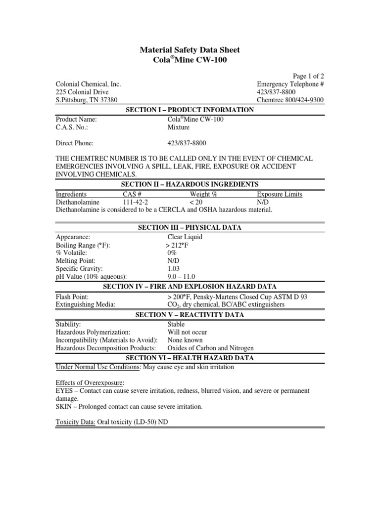 MSDS Colamine CW-100 | PDF | Dangerous Goods | Materials