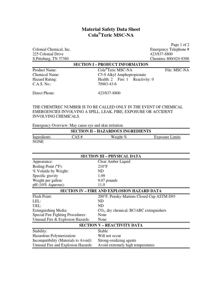 Msds Colateric Msc-Na | PDF | Fires | Pollution