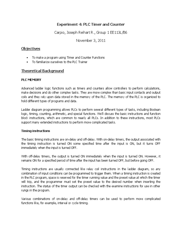 Exp.4 PLC Timers and Counters | PDF | Programmable Logic Controller | Timer