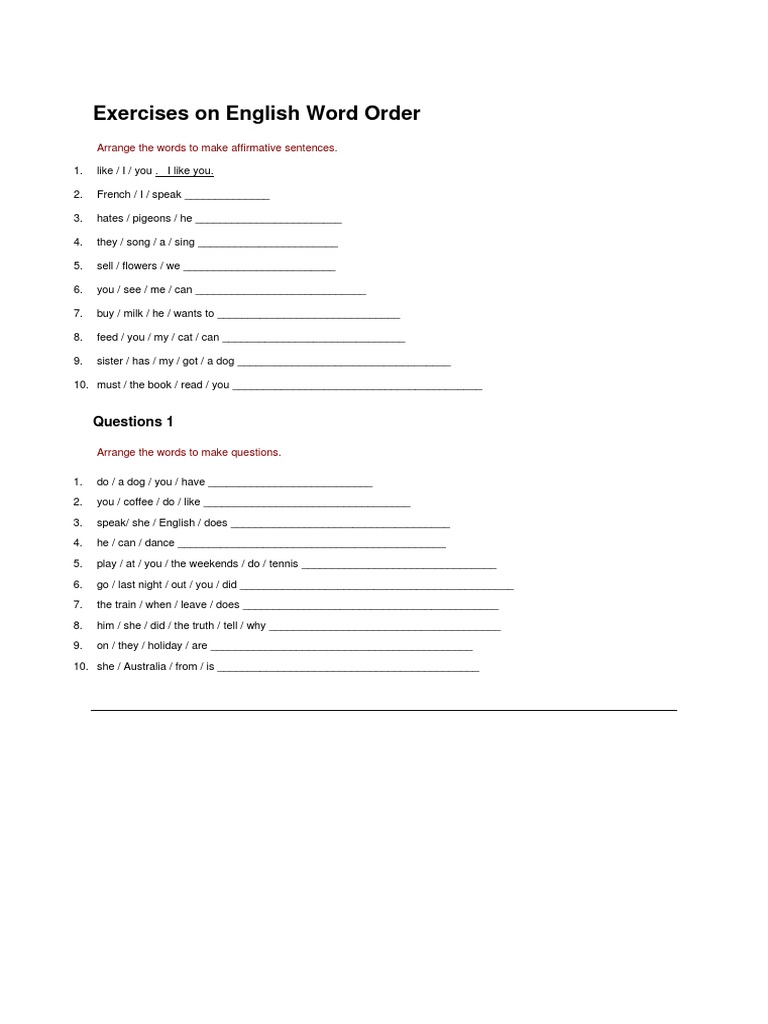 Exercises On English Word Order: Questions 1 | PDF | Foreign Language ...