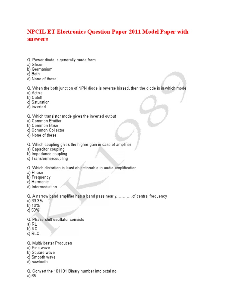 NPCIL ET Electronics Question Paper 2011 Model Paper With Answers ...