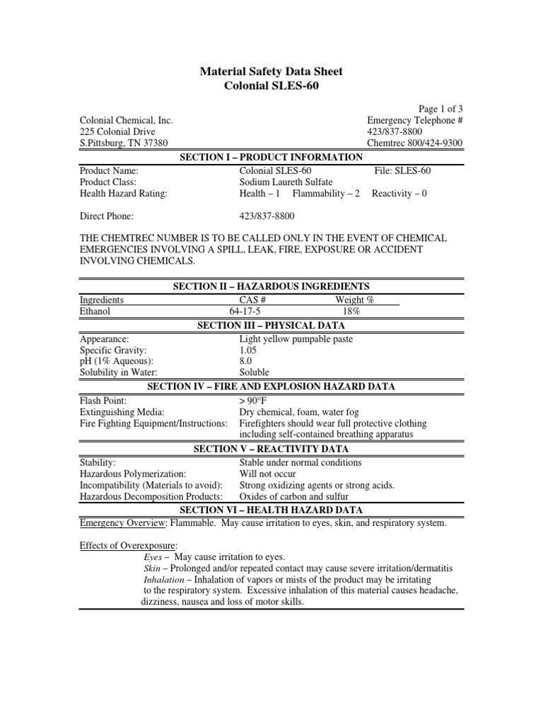 Msds Colonial Sles-60 | PDF | Personal Protective Equipment | Breathing