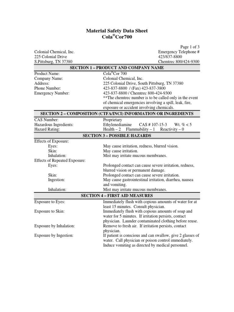 MSDS Colacor 700 | PDF | Personal Protective Equipment | Fires