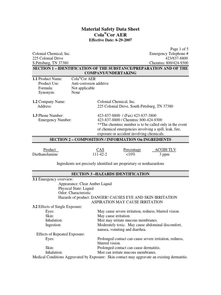 Msds Colacor Aer (16 Section) | PDF | Hypothermia | Water