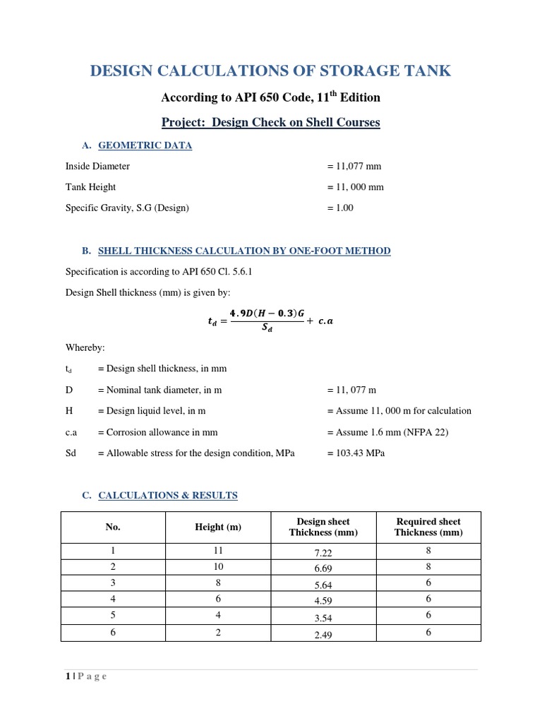 Design Calculations of Storage Tank: According To API 650 Code, 11 ...