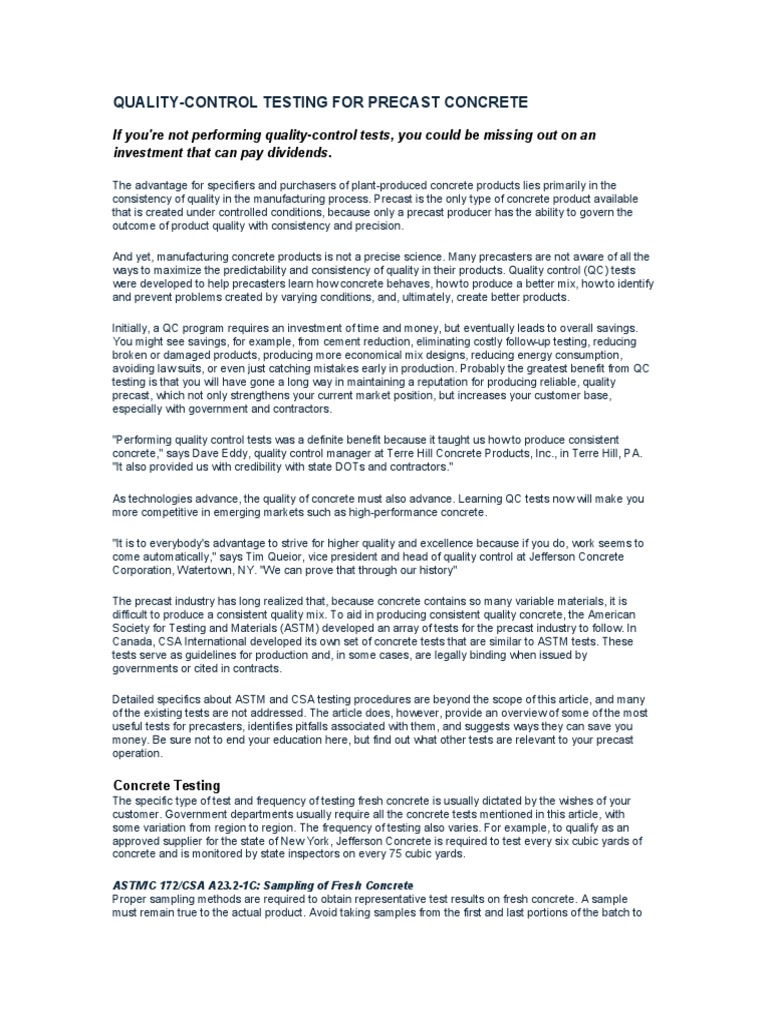 Precast Concrete QC Testing Guide | PDF | Construction Aggregate | Concrete