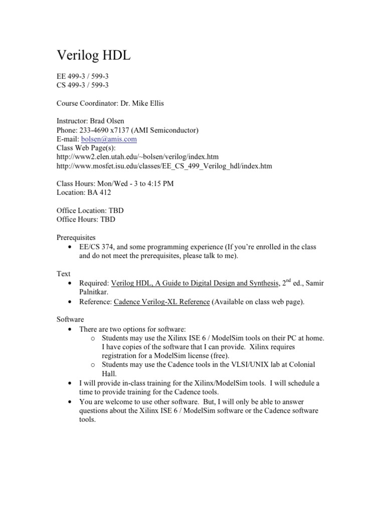 Verilog Hdl Syllabus Pdf Homework Software Engineering 