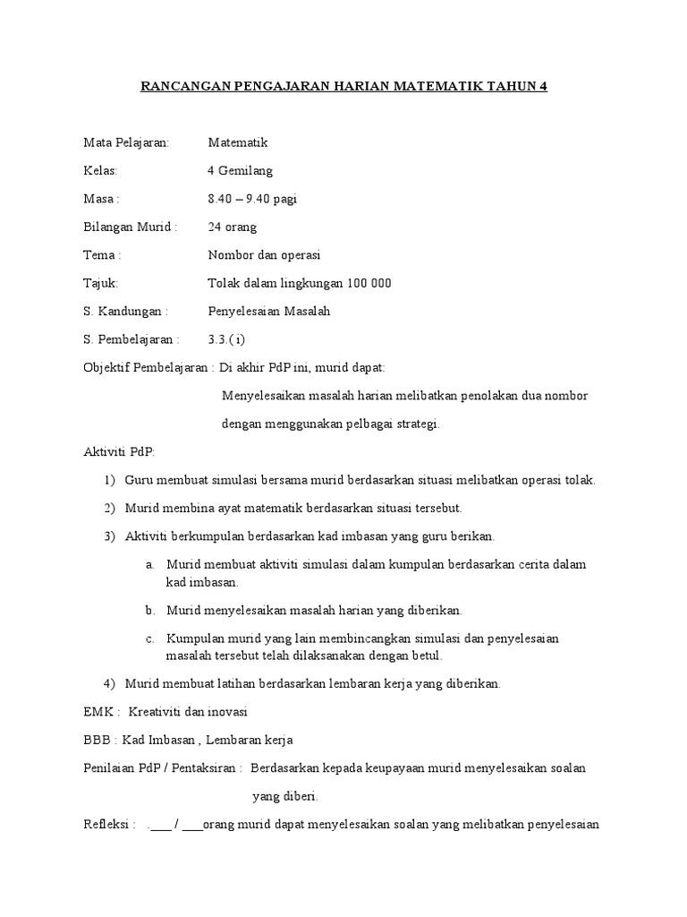 RPH Tahun 4 KSSR Matematik (Tolak) | PDF | Karier & Perkembangan ...