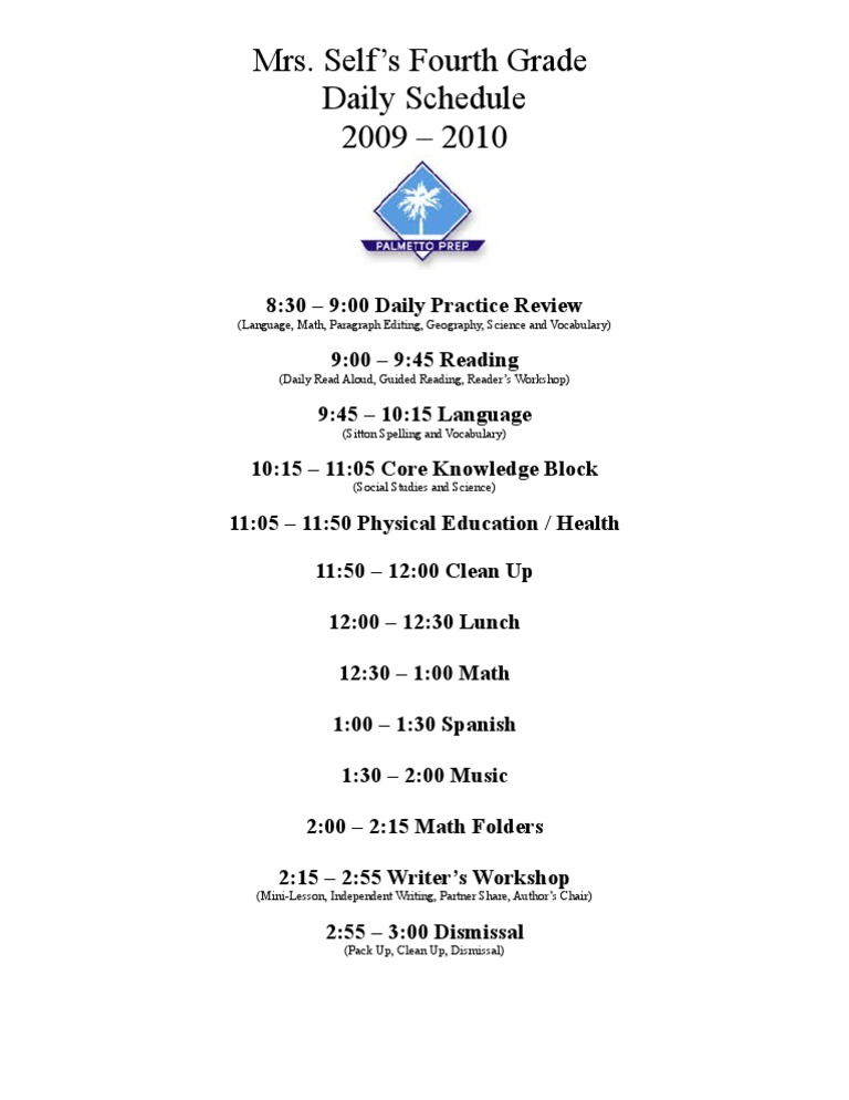 Mrs. Self's Fourth Grade Daily Schedule 2009 - 2010 | PDF | Foreign ...