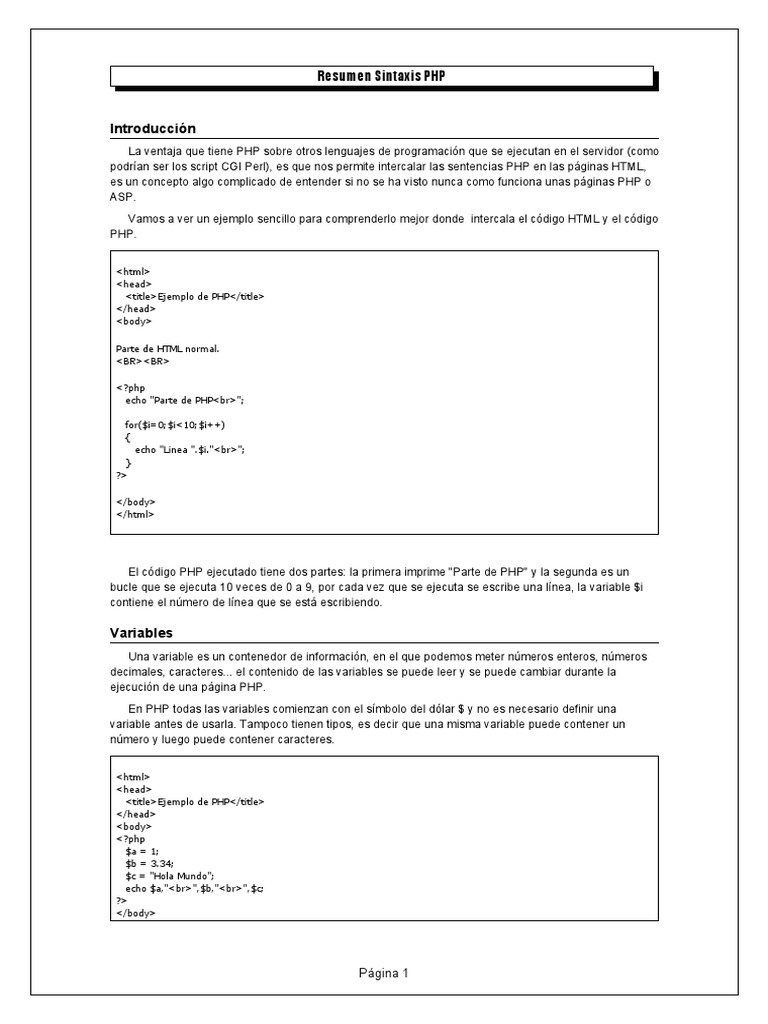 Resumen Sintaxis PHP | Descargar gratis PDF | Php | Lenguaje de programación