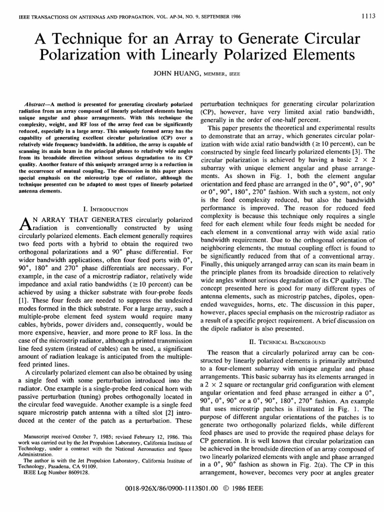 J. Huang, "A Technique For An Array To Generate Circular Polarization With Linearly | PDF ...