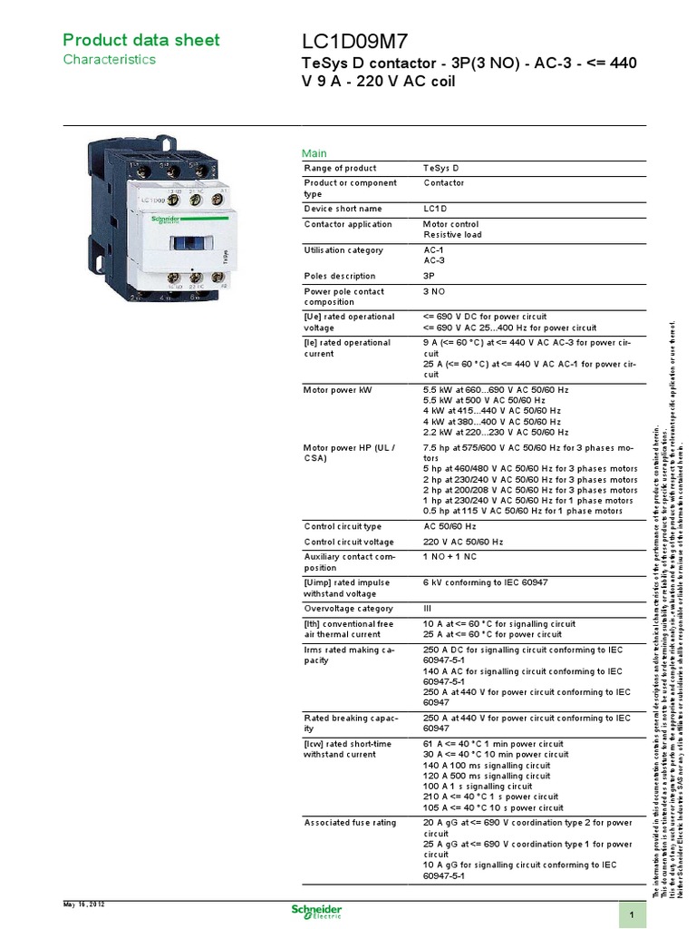 LC1D09M7 Contactor Datasheet | PDF | Alternating Current | Electric Motor