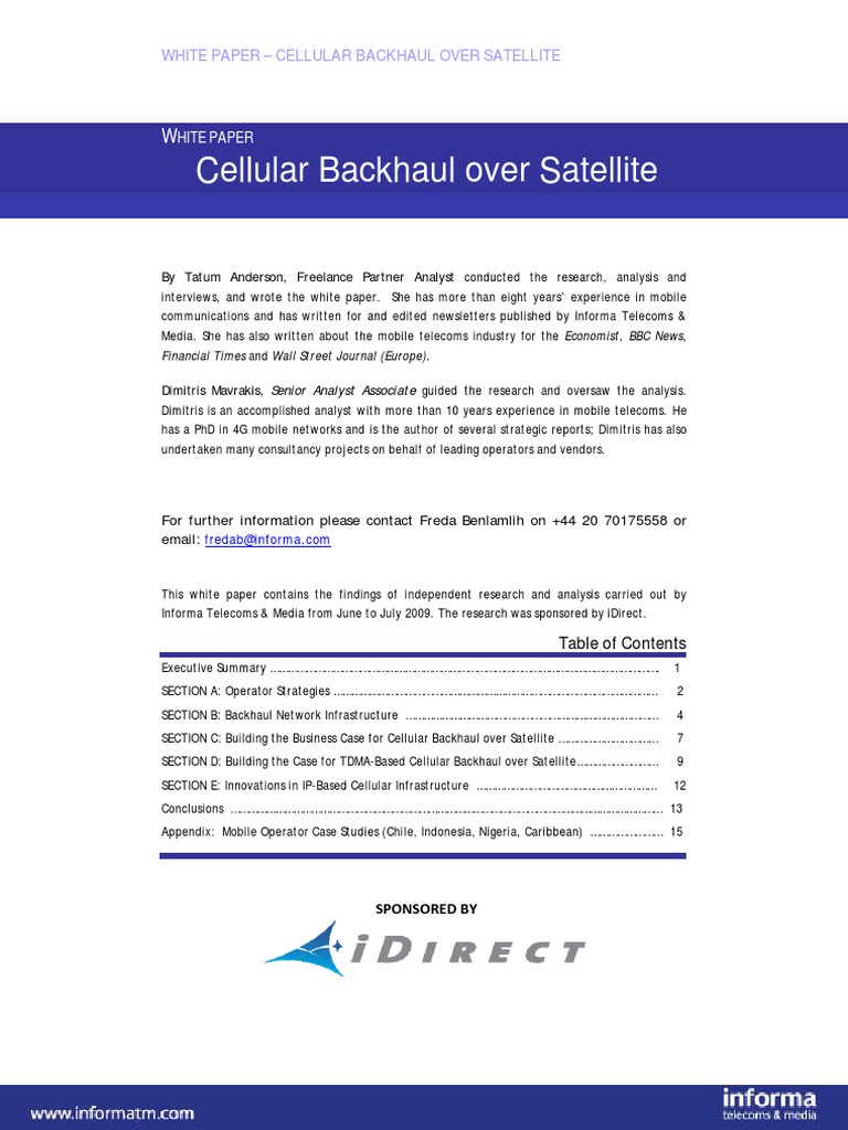 White Paper Idirect Celular Backhaul Over Satellite Pdf Internet Access Mobile Phones