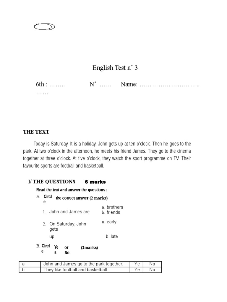 English Test for 6th Grade Students | PDF | Sports & Recreation ...