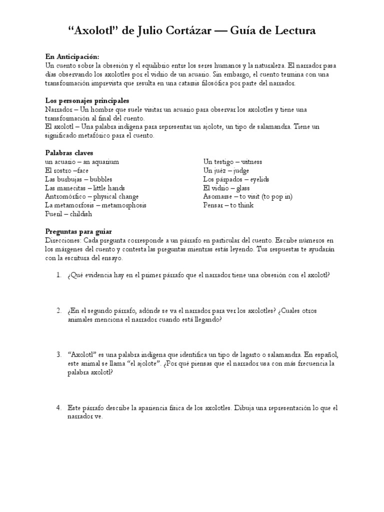 Guía de Lectura: Axolotl y Obsesión | PDF | Narración