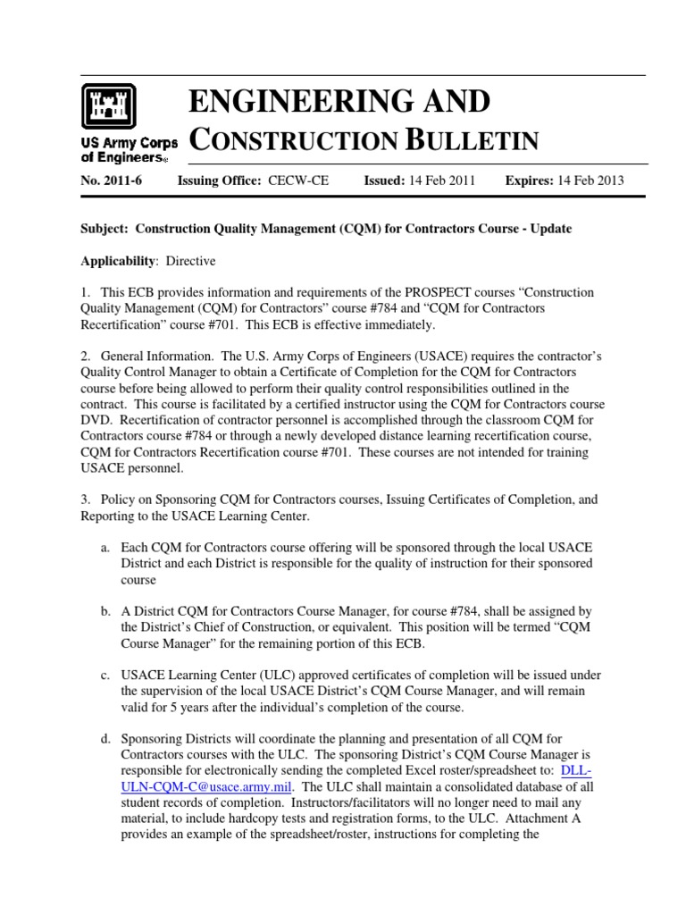 CQM for Contractors Course Update | PDF | United States Army Corps Of ...