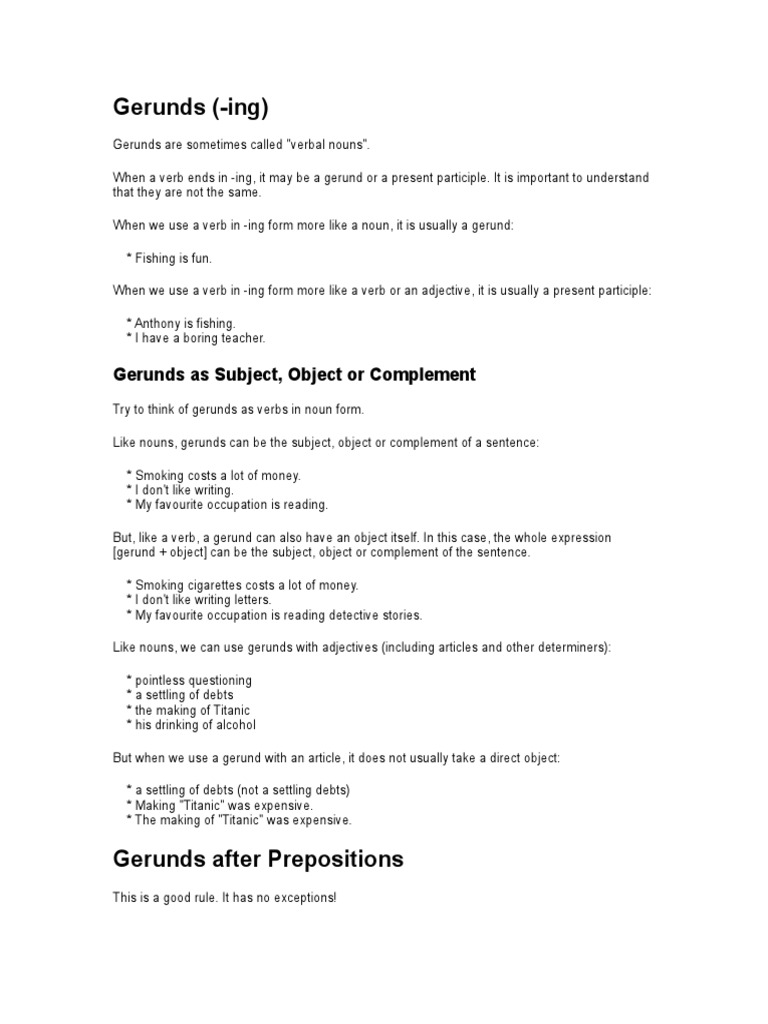 Gerunds (-Ing) : Gerunds As Subject, Object or Complement | PDF