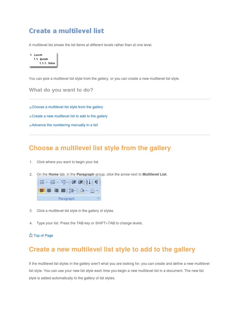 Create multilevel lists in Word | PDF | Text | Computing