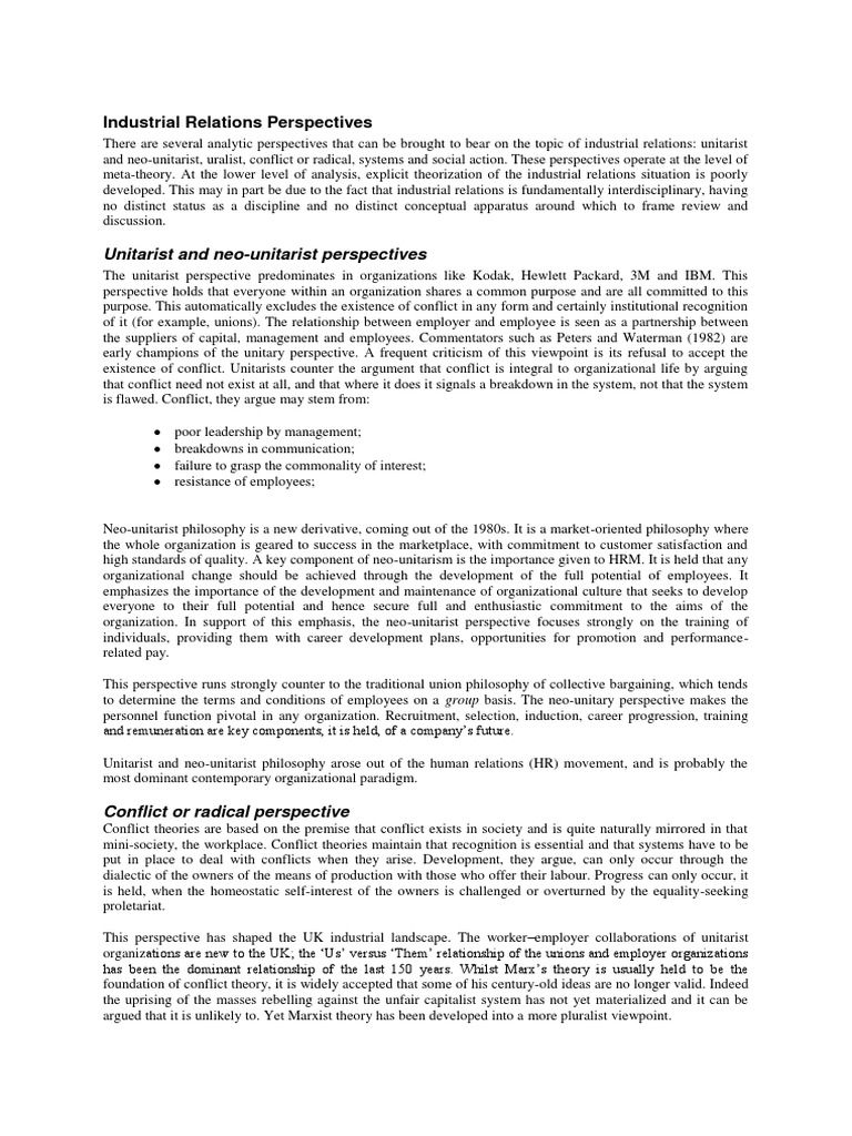 Unitarist and Neo-Unitary Perspectives | PDF | Industrial Relations ...