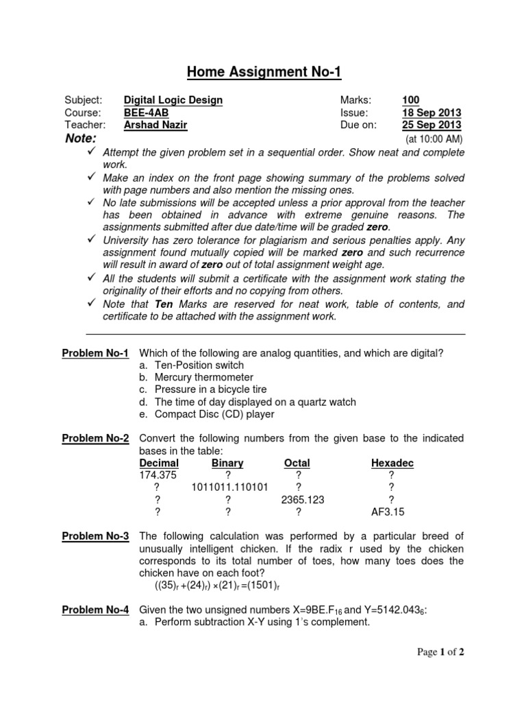 Digital Logic Design Assignment Guide | PDF