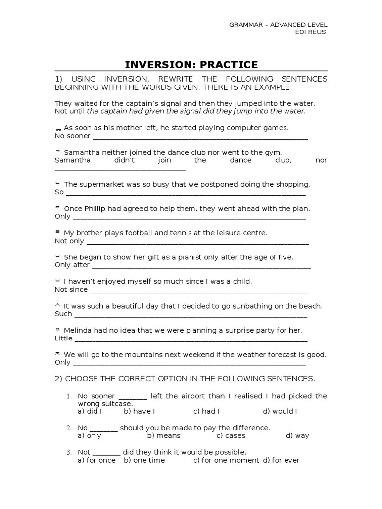 Advanced Grammar Practice: Inversion Structures for Sentence Rewriting ...