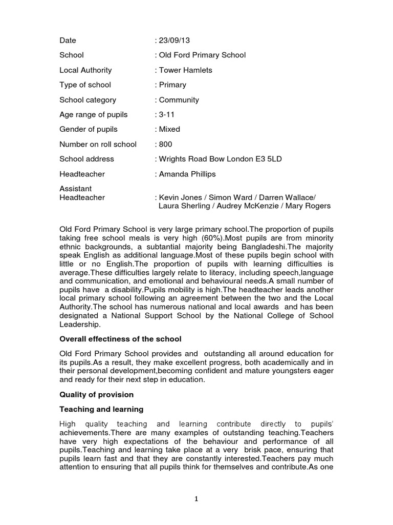 Report On Old Ford Primary School | PDF | Curriculum | Teachers