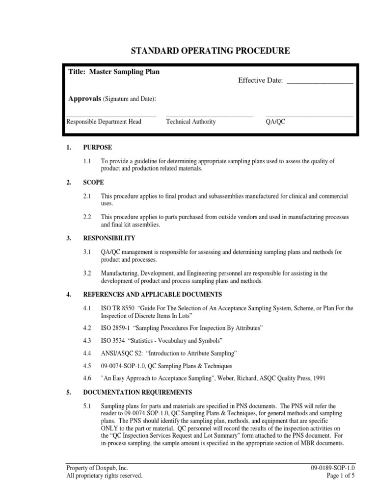 Standard Operating Procedure: Title: Master Sampling Plan Approvals ...