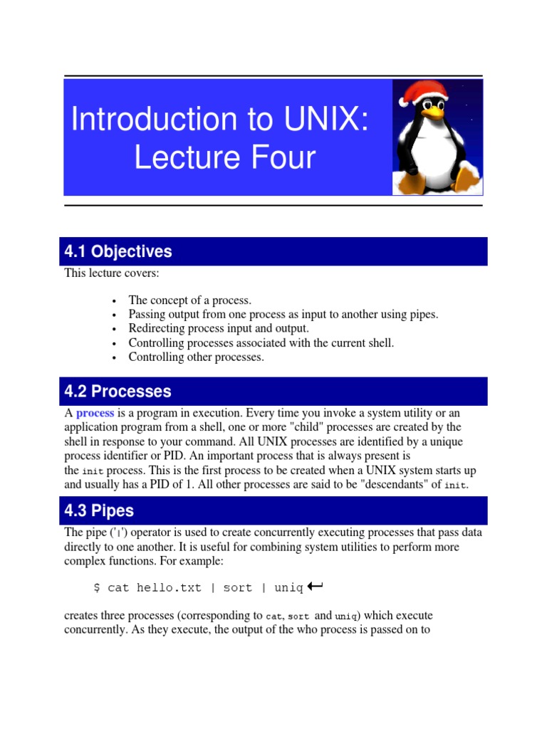 Introduction To UNIX: Lecture Four: 4.1 Objectives | PDF | Input/Output | Unix