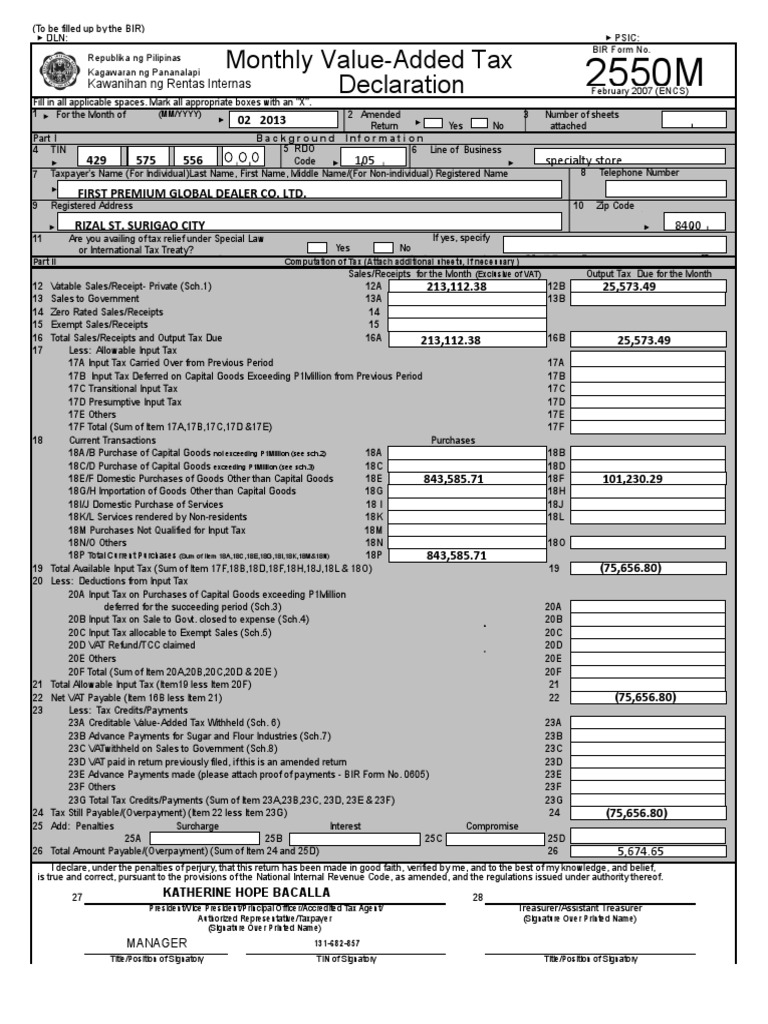 Monthly Value-Added Tax Declaration: 105 Specialty Store First Premium ...