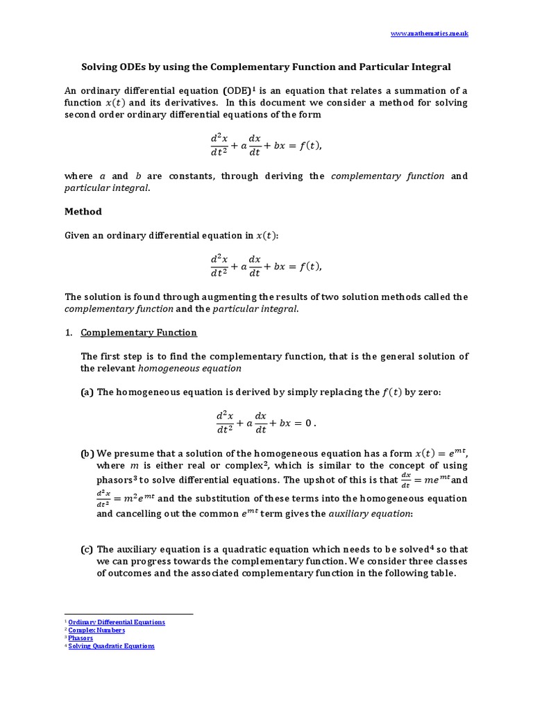 Solving ODEs by Complementary Function and Particular Integral | PDF | Ordinary Differential ...