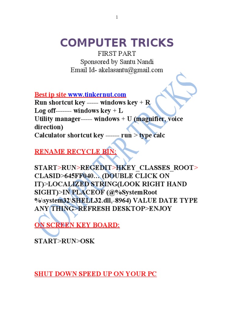 Computer TRICKS First Part | PDF | Usb Flash Drive | Windows Registry