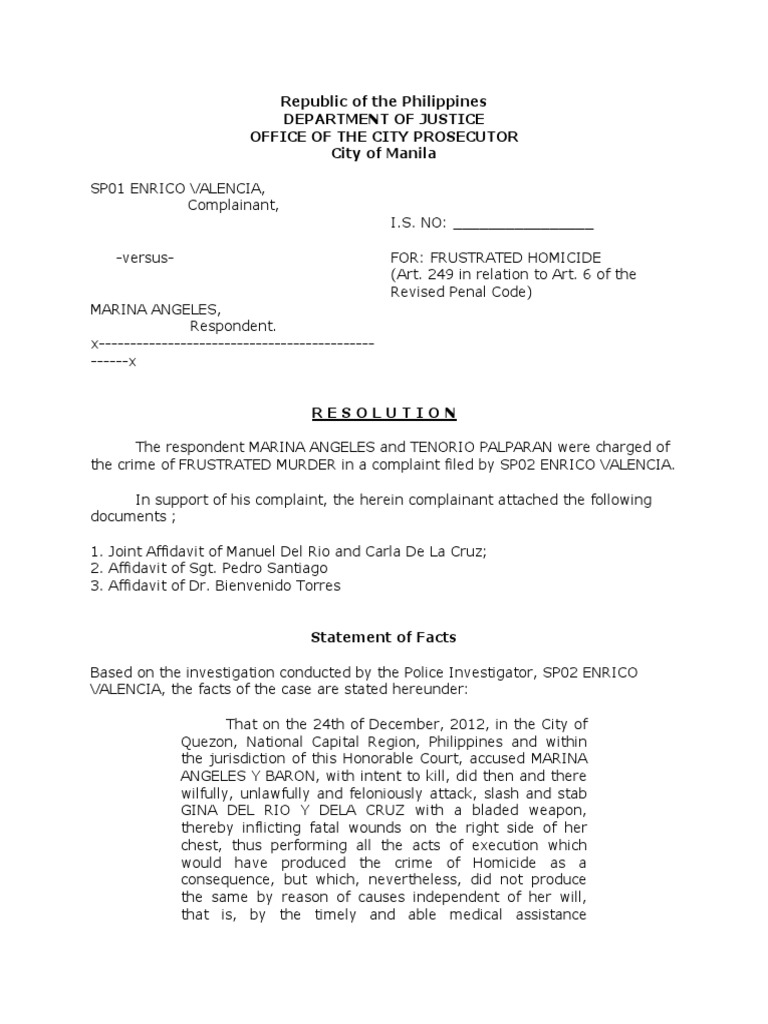 Resolution Recommending Charges Of Frustrated Homicide And Aggravating