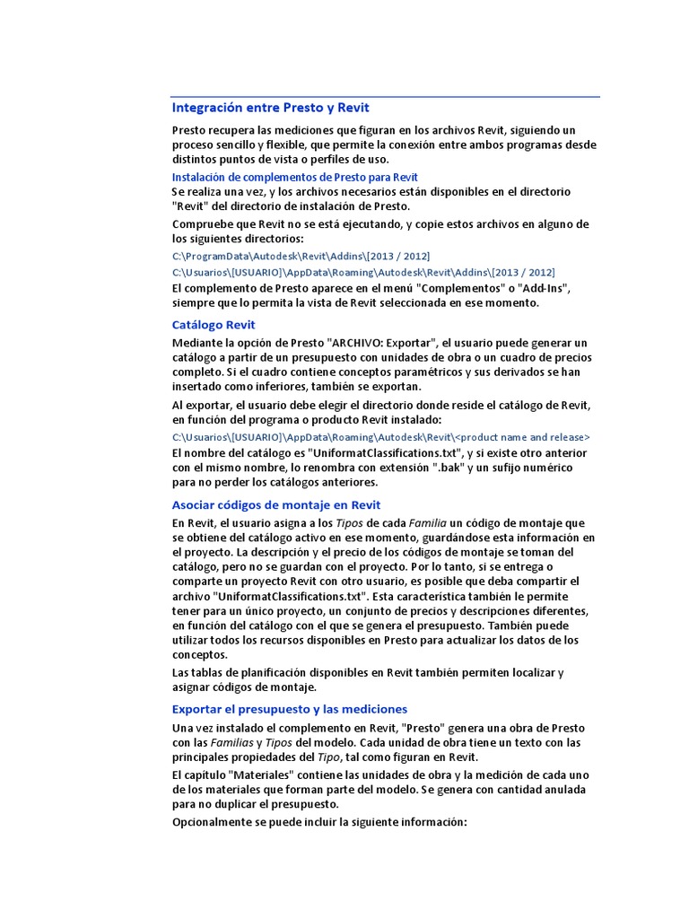 Guía de integración entre Presto y Revit | PDF | Autodesk Revit ...