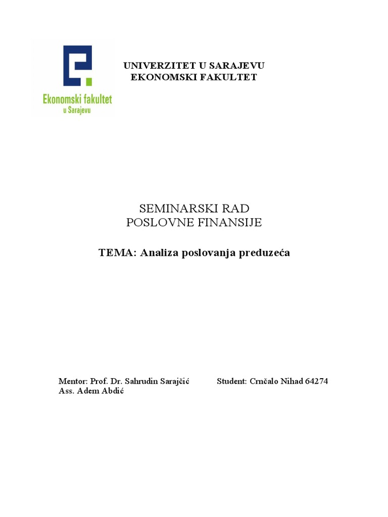 Seminarski - Analiza Poslovanja | PDF