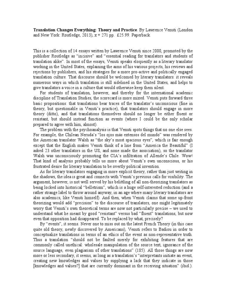 Review of Lawrence Venuti, Translation Changes Everything (2013) | PDF ...