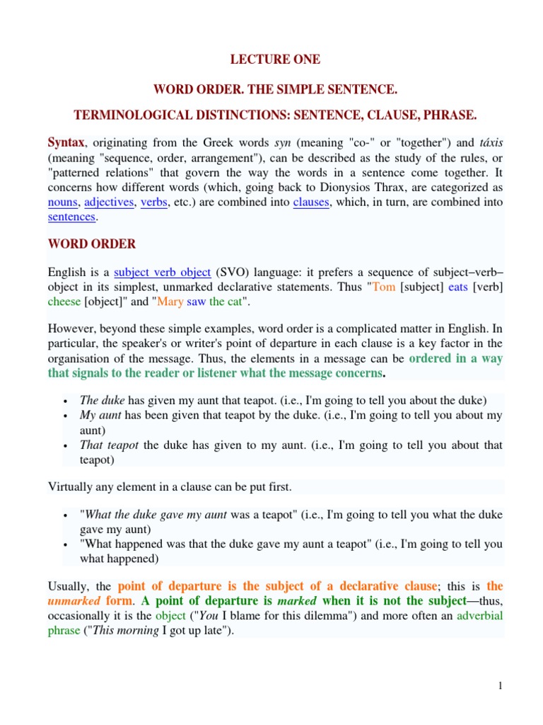 Lecture One Word Order. The Simple Sentence. Terminological ...