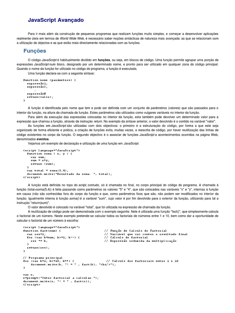 JavaScript Avançado | PDF | Script Java | Estrutura de dados de matriz
