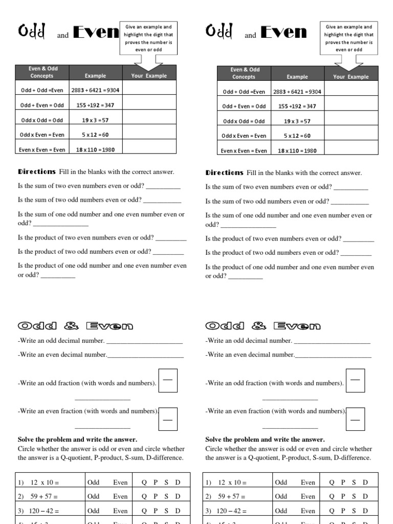 Odd and Even Numbers Worksheet | PDF | Fraction (Mathematics) | Numbers