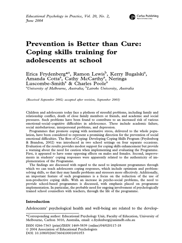 Coping Skills Adolescents | PDF | Psychological Resilience | Coping ...