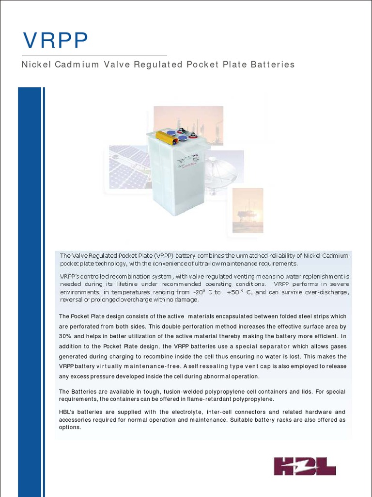 HBL Ni CD VRPP Battery Specs | PDF | Battery (Electricity) | Electricity
