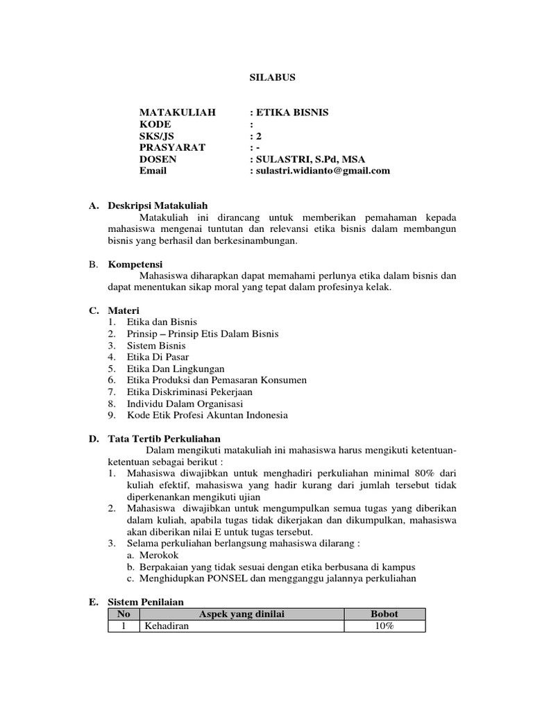 Silabus Etika Bisnis 2 SKS | PDF | Bisnis