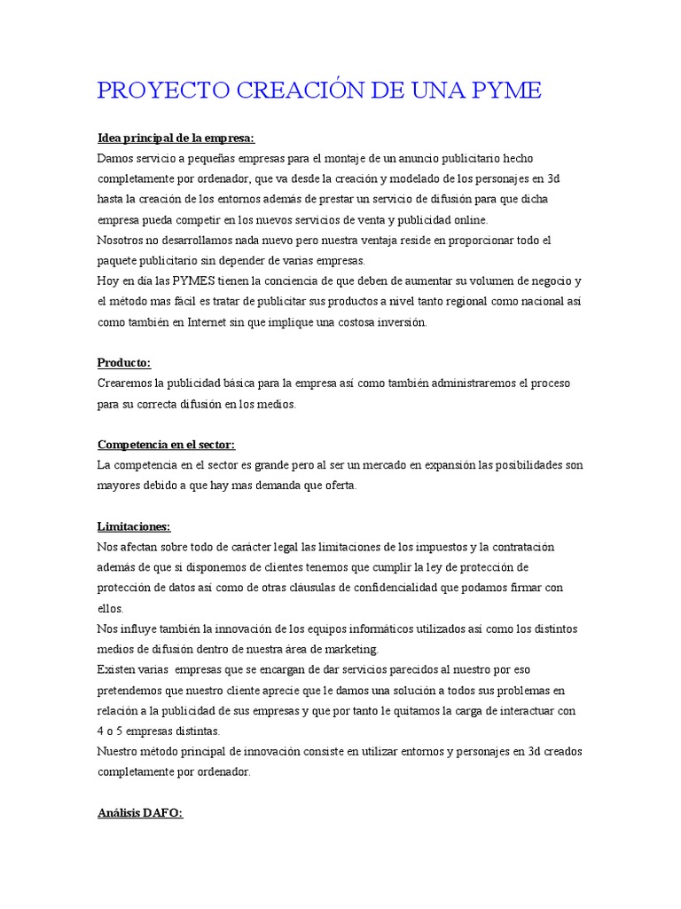Proyecto Creación de Una Pyme | PDF | Pequeñas y medianas empresas | Marketing