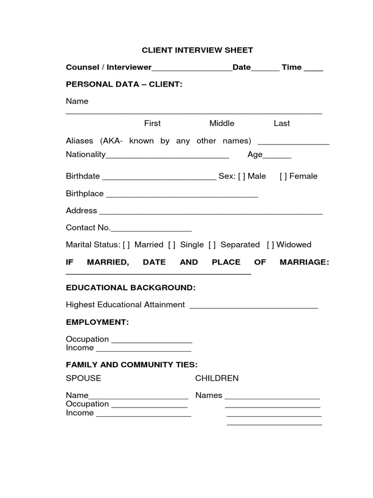 Client Interview Sheet Counsel / Interviewer - Date - Time - Personal ...