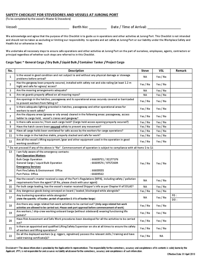 Safety Checklist | PDF | Tonnage | Cargo